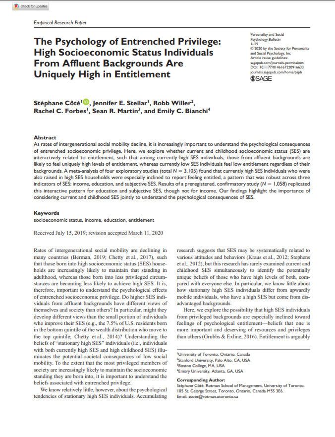 The Psychology of Entrenched Privilege: High Socioeconomic Status ...